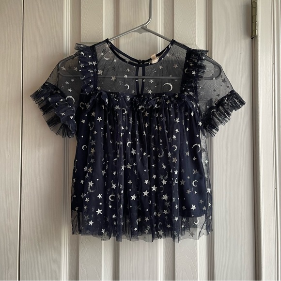 H&M | Tops | Hm Rare Navy Blue Glitter Star Tulle Blouse | Poshmark